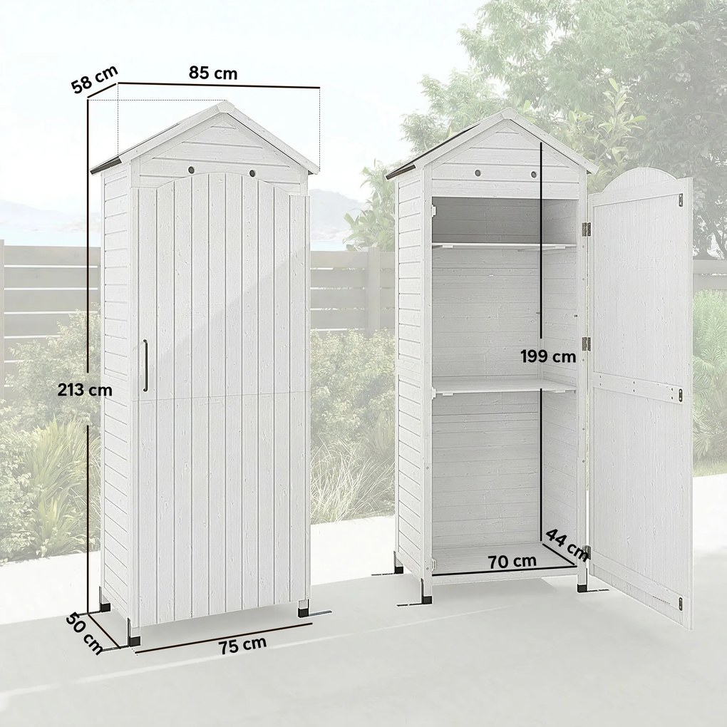 Outsunny vysoká zahradní skříň ze smrku s nastavitelnými policemi, magnetickými dveřmi a pozinkovanou střechou, 85 × 58 × 213 cm — bílá