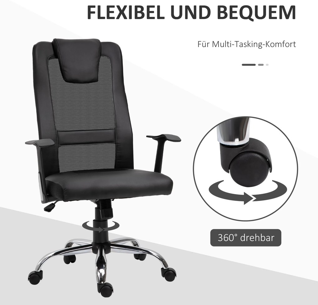 Ergonomická kancelářská židle Vinsetto s nastavitelnou výškou, funkcí houpání a područkami do 120 kg v černé barvě pro pohodlnou práci
