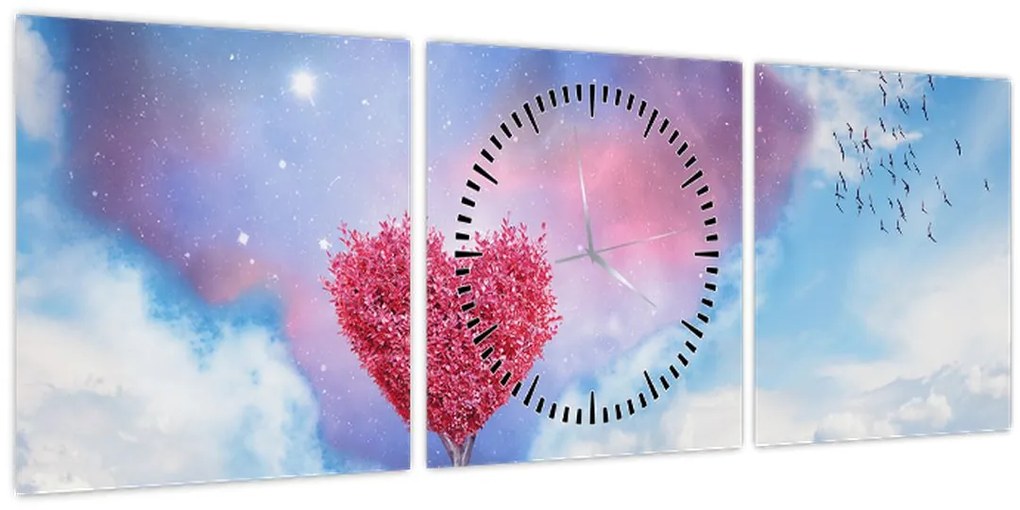 Obraz - Růžový strom srdce (s hodinami) (90x30 cm)