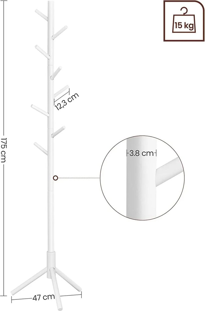 Stojan na kabáty, masivní dřevěný věšák se 3 výškovými možnostmi, bílý