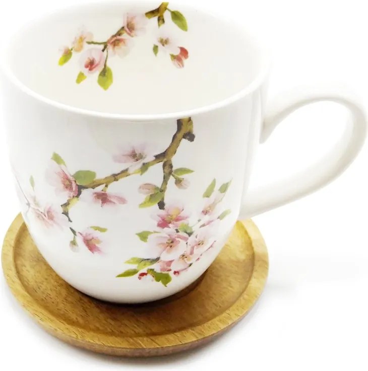 Porcelánový hrnek Sakura s akáciovým podšálkem, 350 ml – s motivem růžových květů a japonskou elegancí