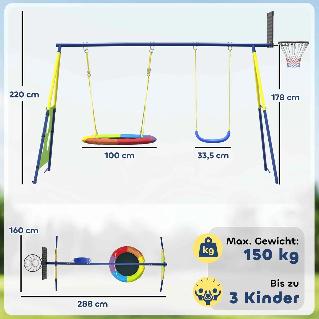 Houpačka 4 v 1 houpací set do 150 kg s hnízdem houpačka basketbalový koš fotbalová branka U-houpačka 288 x 160 x 220 cm