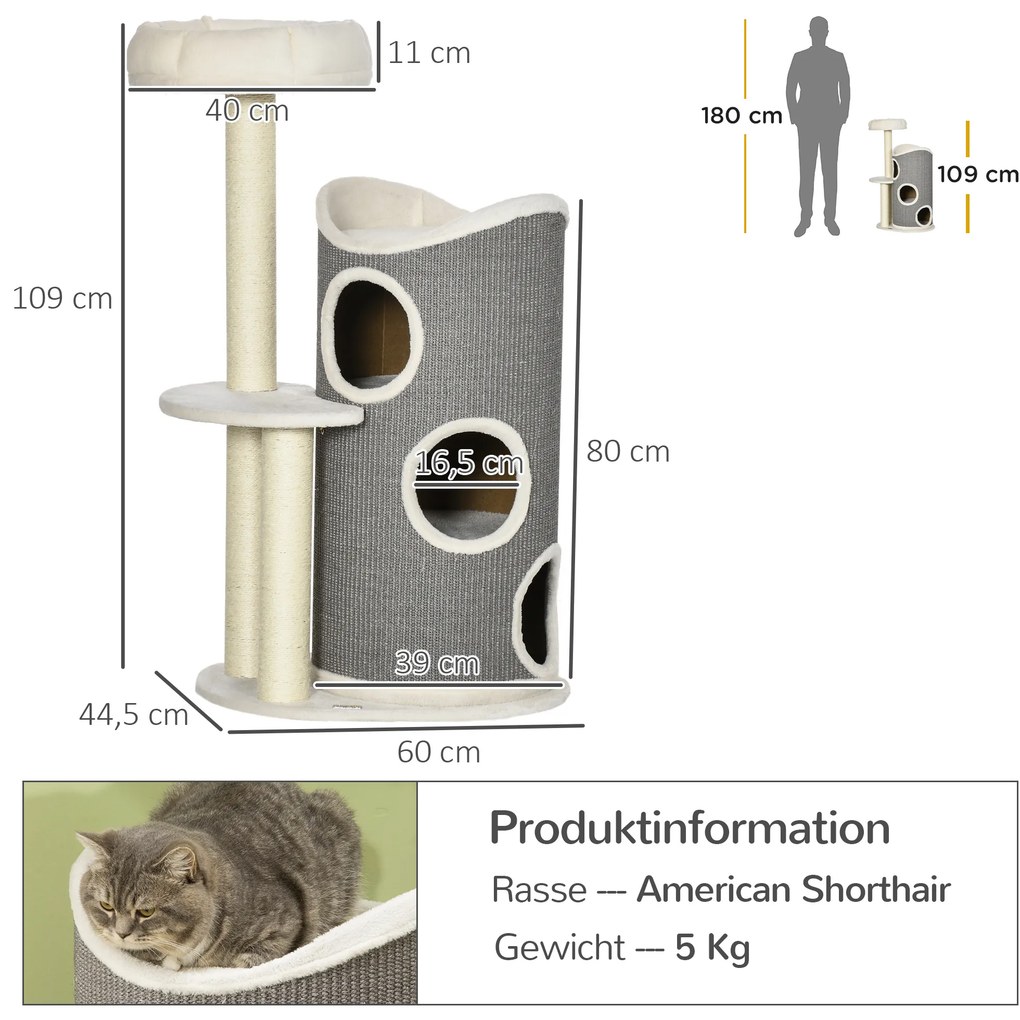 Škrabadlo PawHut 109cm se škrabadlem a pelíškem pro kočky, sisalové sloupky, moderní v bílo-šedé barvě pro milovníky koček