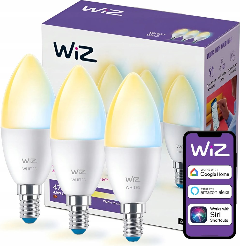 3x Led žárovka E14 Svíčka 4,9W 40W 2200-6500K Smart WiFi Aplikace WiZ