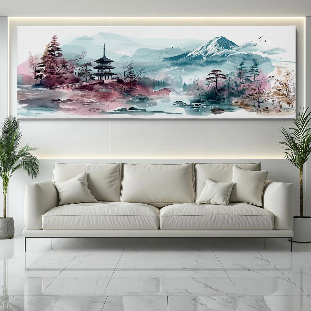 Obraz na plátně - Japonské hory s malou modlitebnou FeelHappy.cz Velikost obrazu: 210 x 70 cm