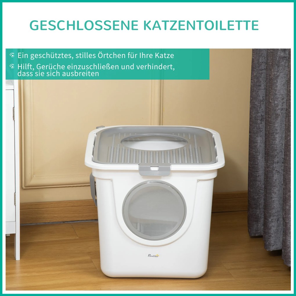 Podnos PawHut s víkem Podnos s lopatkou, do 5 kg, vnitřní, plast, šedý+bílý, 44x55x39cm| Aosom