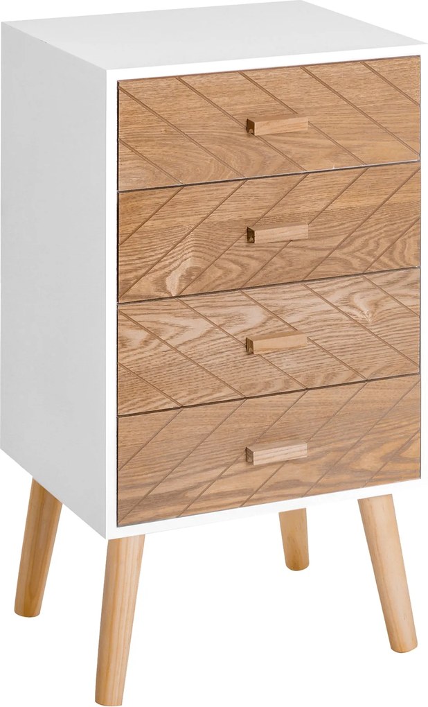 HOMCOM Komoda se 4 zásuvkami pro ložnici, noční stolek se zvýšenýma nohama do obývacího pokoje 40x30x75 cm Bílá a přírodní | Aosom
