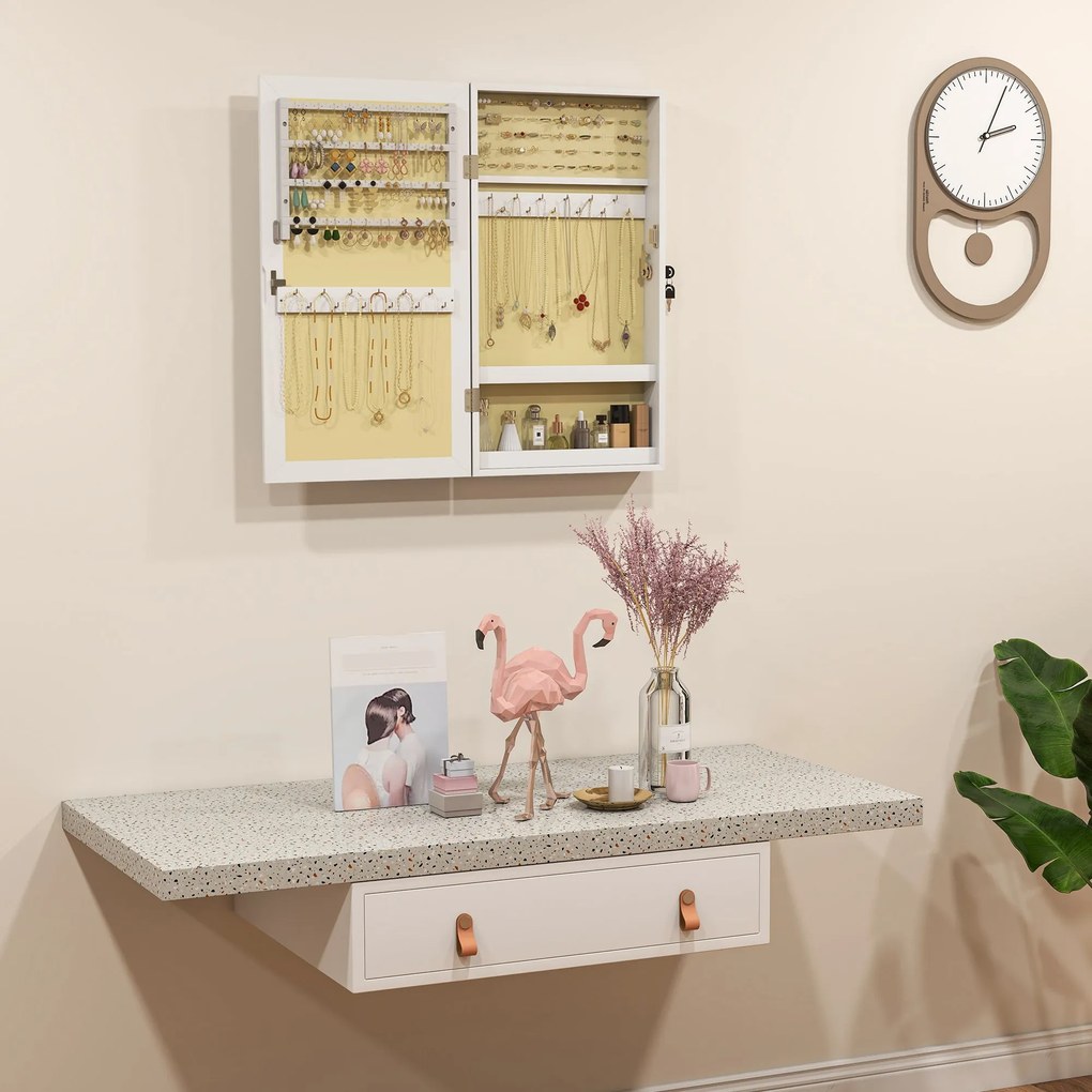 HOMCOM Zrcadlový šperkový kabinet na zeď, Šperková skříň s uzamčením, Zrcadlo v MDF pro ložnici a obývací pokoj, 36,5 x 9,5 x 67 cm, Bílá