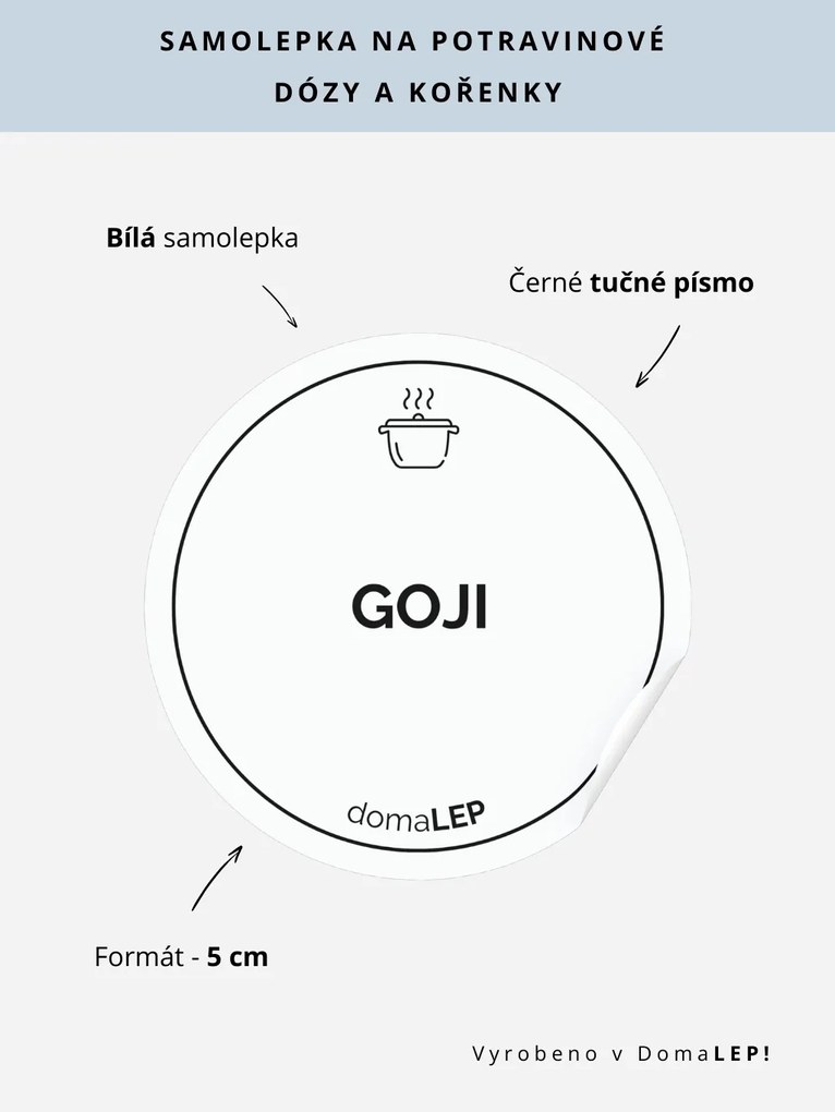 GOJI – bílá samolepka na dózu, tučné písmo, 5 cm | DomaLEP