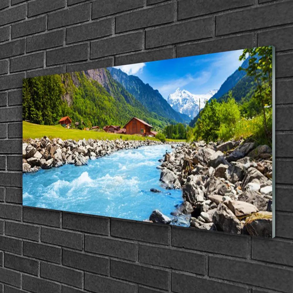 Obraz na skle Hory Řeka Krajina 125x50 cm