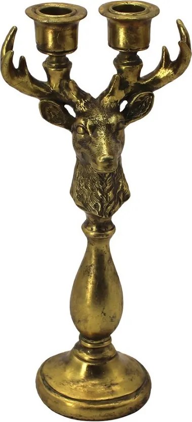 Zlatý antik svícen na 2 úzké svíčky Jelen Deer Antique - 14*11*39 cm