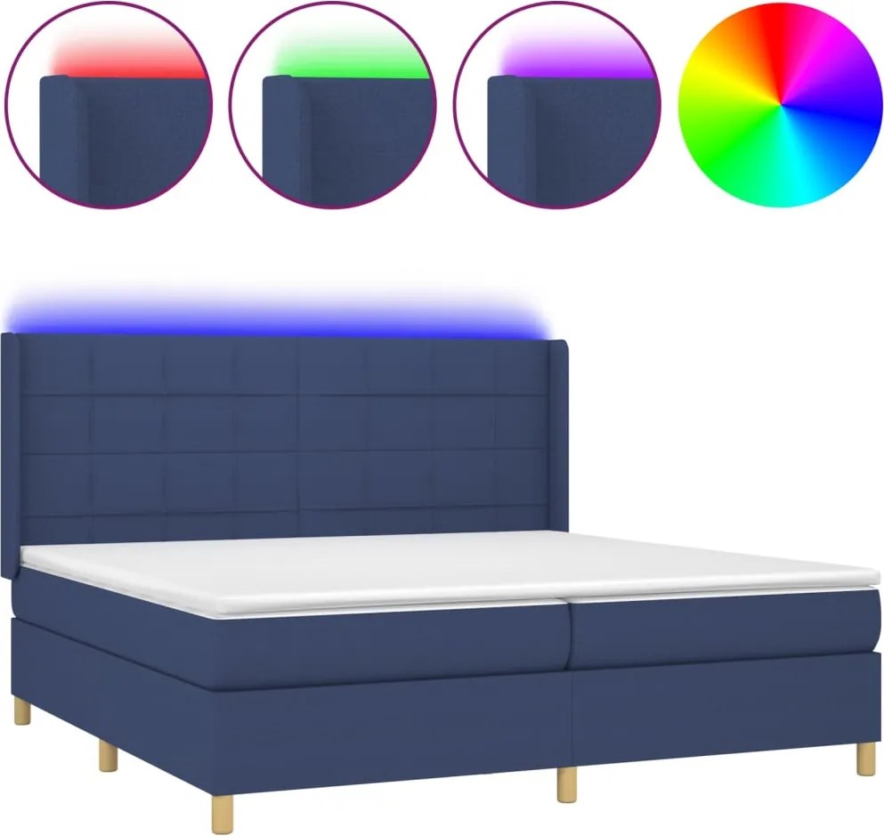 Box spring postel s matrací a LED modrá 200x200 cm textil 3138907
