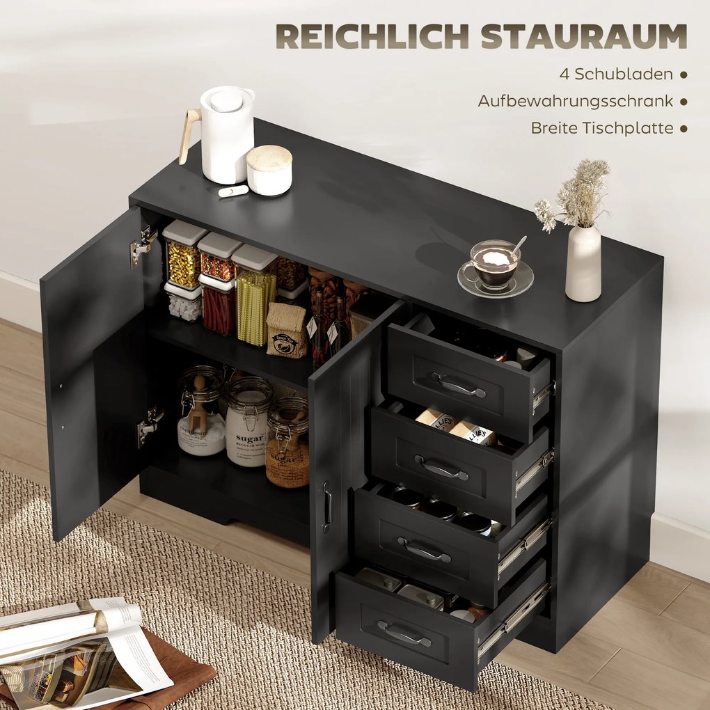 HOMCOM Sideboard, komoda, moderní styl, 4 zásuvky, 1 skříňka, 105 x 40 x 76 cm, černá