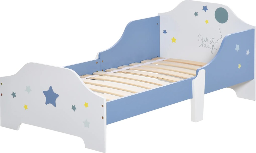 Dětská postel HOMCOM, nízká postel pro děti od 3 do 6 let, 143 x 74 cm, design hvězdy, včetně latě, do dětského pokoje, modro-bílá