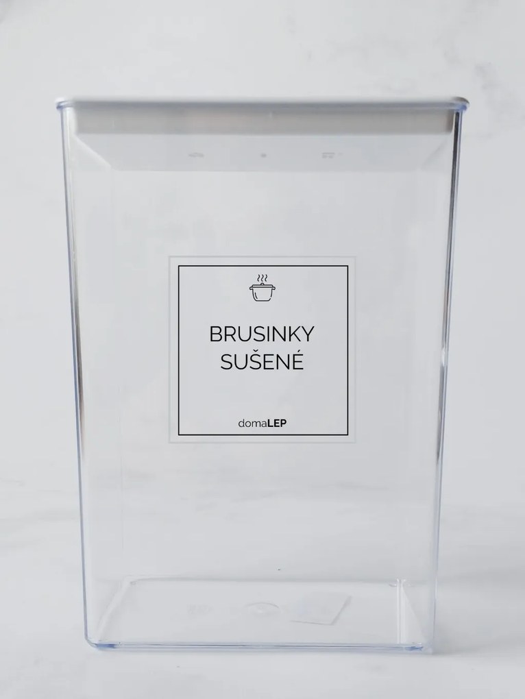 BRUSINKY SUŠENÉ – průhledná samolepka na dózu, základní písmo, 5 x 5 cm | DomaLEP