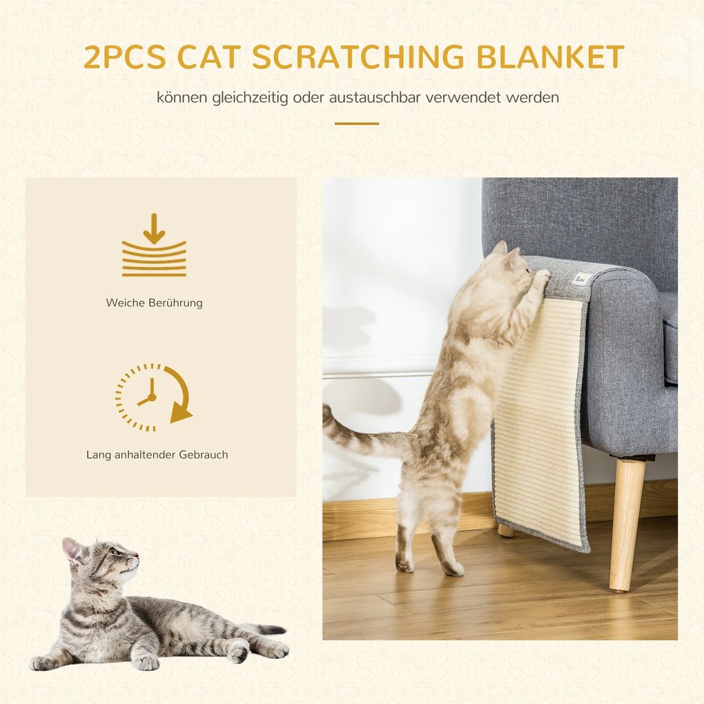 PawHut 2-Pack Škrabací podložky na pohovku - Sisalová rohož na škrábání pro kočky, pohovka, škrabací mat, šedá 130 x 45 x 0,3 cm