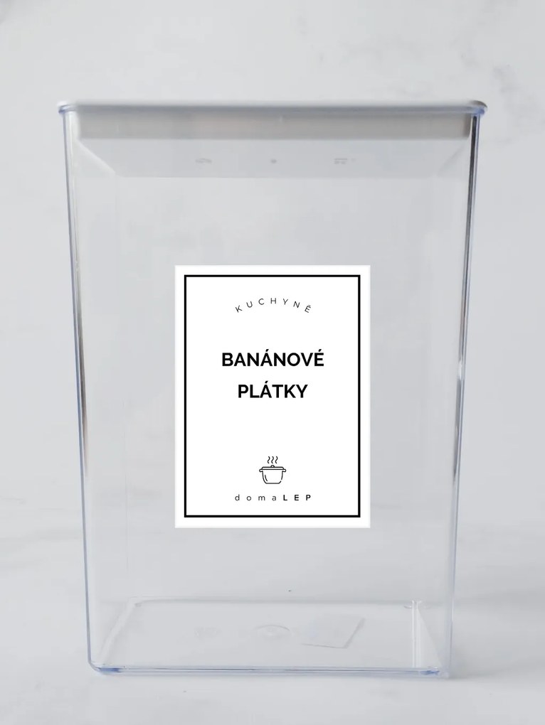 BANÁNOVÉ PLÁTKY – bílá samolepka na dózu, tučné písmo, 6 x 8 cm | DomaLEP