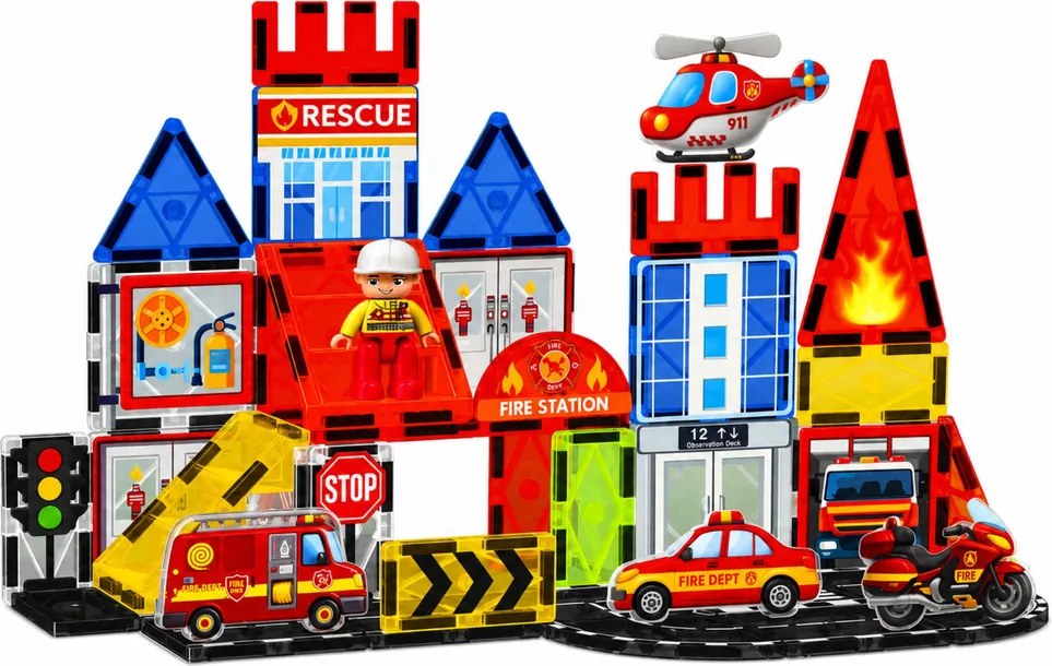 LEAN Toys Magnetické stavební kostky – Požární stanice, 42 dílů