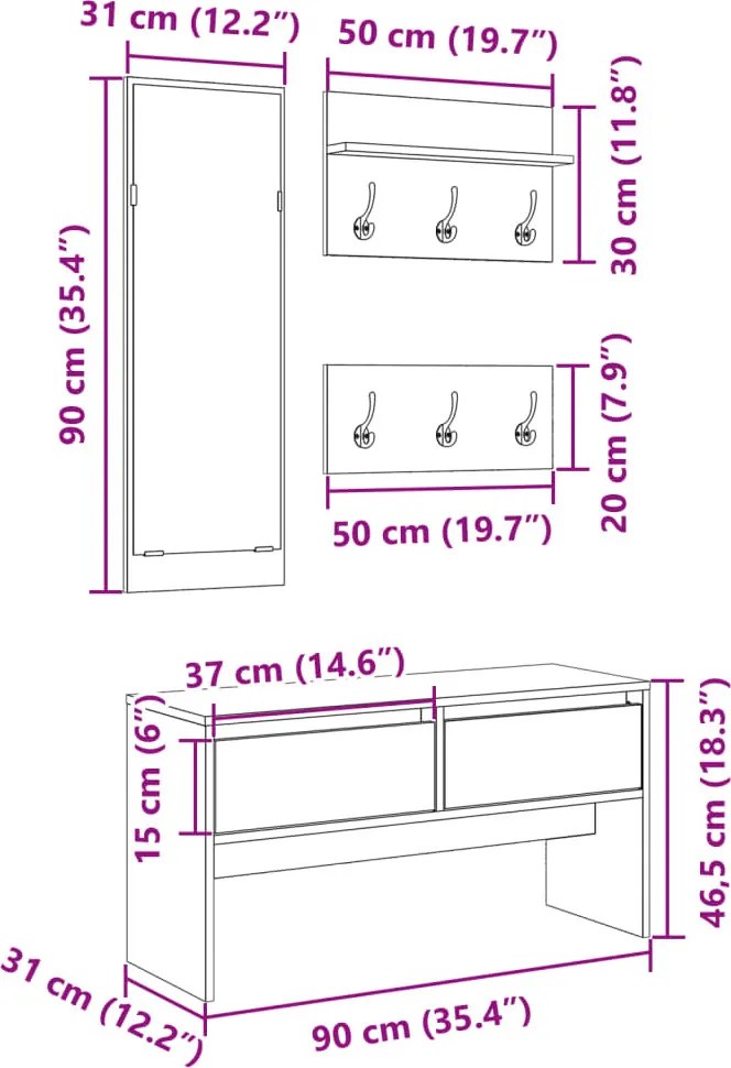 vidaXL 4dílný nábytek do předsíně kompozitní dřevo [847922] Barva: dub sonoma
