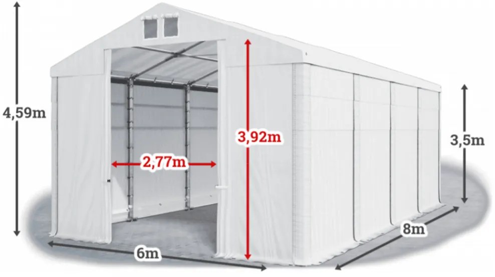 Garážový stan 6x8x3,5m střecha PVC 560g/m2 boky PVC 500g/m2 konstrukce ZIMA Šedá Bílá Červené