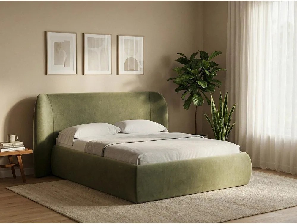 Světle šedá čalouněná dvoulůžková postel s úložným prostorem s roštem 160x200 cm Hauke – Makamii
