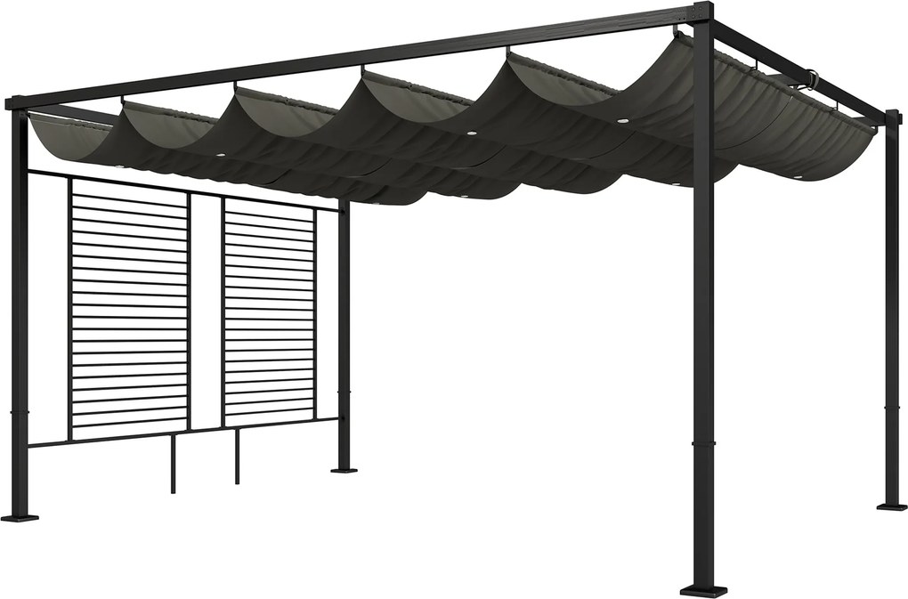 Pergola 3,87 x 2,97 m s posuvnou střechou, 2 zástěny na ochranu soukromí, UV 50+ tmavě šedá