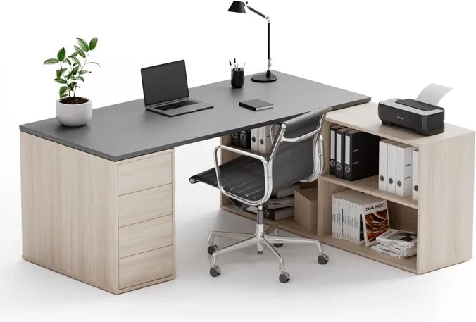 Kancelářský psací stůl s úložným prostorem BLOCK B04, 180x160 cm, dub přírodní/grafit