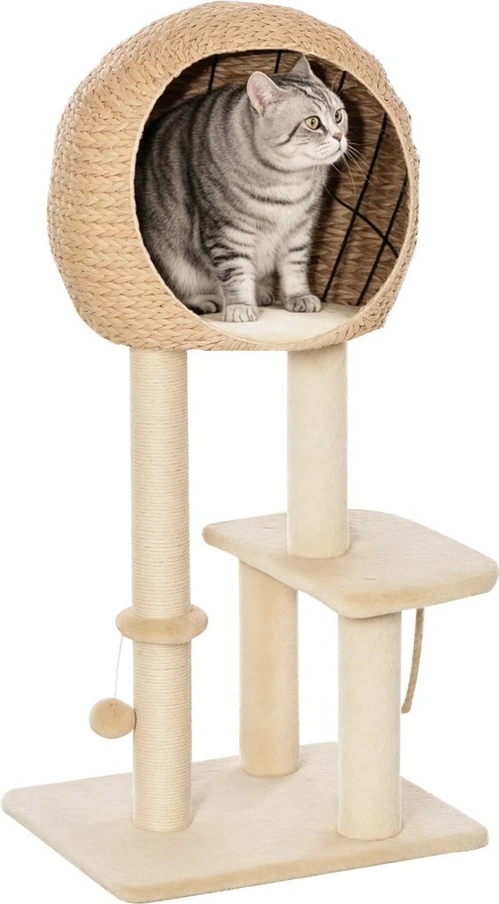 PawHut 100 cm Cat Tree s jeskyní, míčkem na hraní, sisalovými sloupky, platformou, víceúrovňovým škrabacím stromem pro kočky střední velikosti, béžová