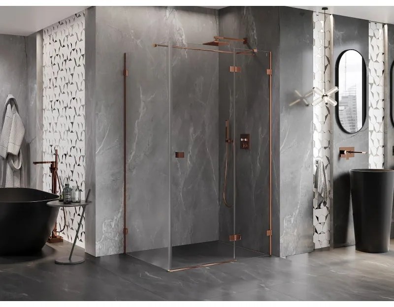 Mexen Lunar T, pravý výklopný sprchový kout 140 x 110 cm, 8mm čiré sklo, profil růžové zlato, 834T-140-110-60-00-P