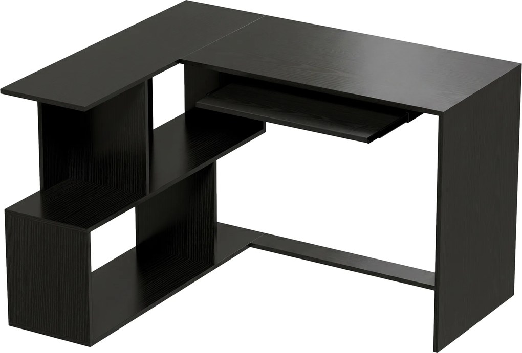 HOMCOM rohový stůl, 120 x 100 x 76 cm, L‑tvar psací stůl s výsuvem na klávesnici, 4 otevřené přihrádky, černý