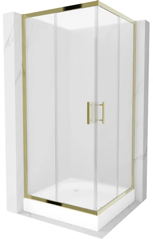 Mexen Rio, čtvercový sprchový kout s posuvnými dveřmi 90 (dveře) x 90 (dveře) x 190 cm, 5mm sklo námraza, zlatý profil + bílá sprchová vanička RIO, 860-090-090-50-30-4510