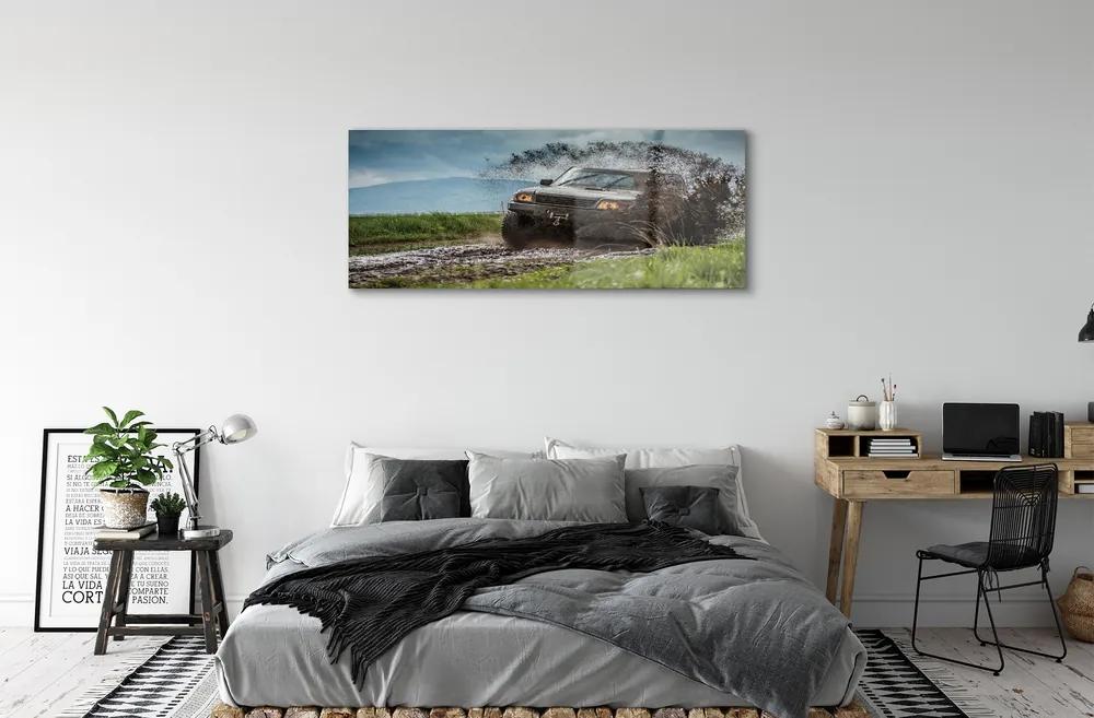 akrylový obraz Auto Field hory mraky 120x60 cm