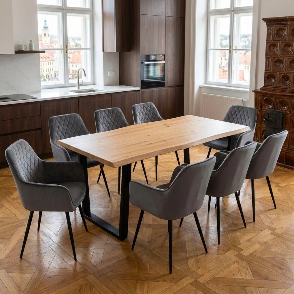 Vikio Jídelní set pro 8 osob 180x90 cm dub noha U šedá židle s područkami VJS168-8S