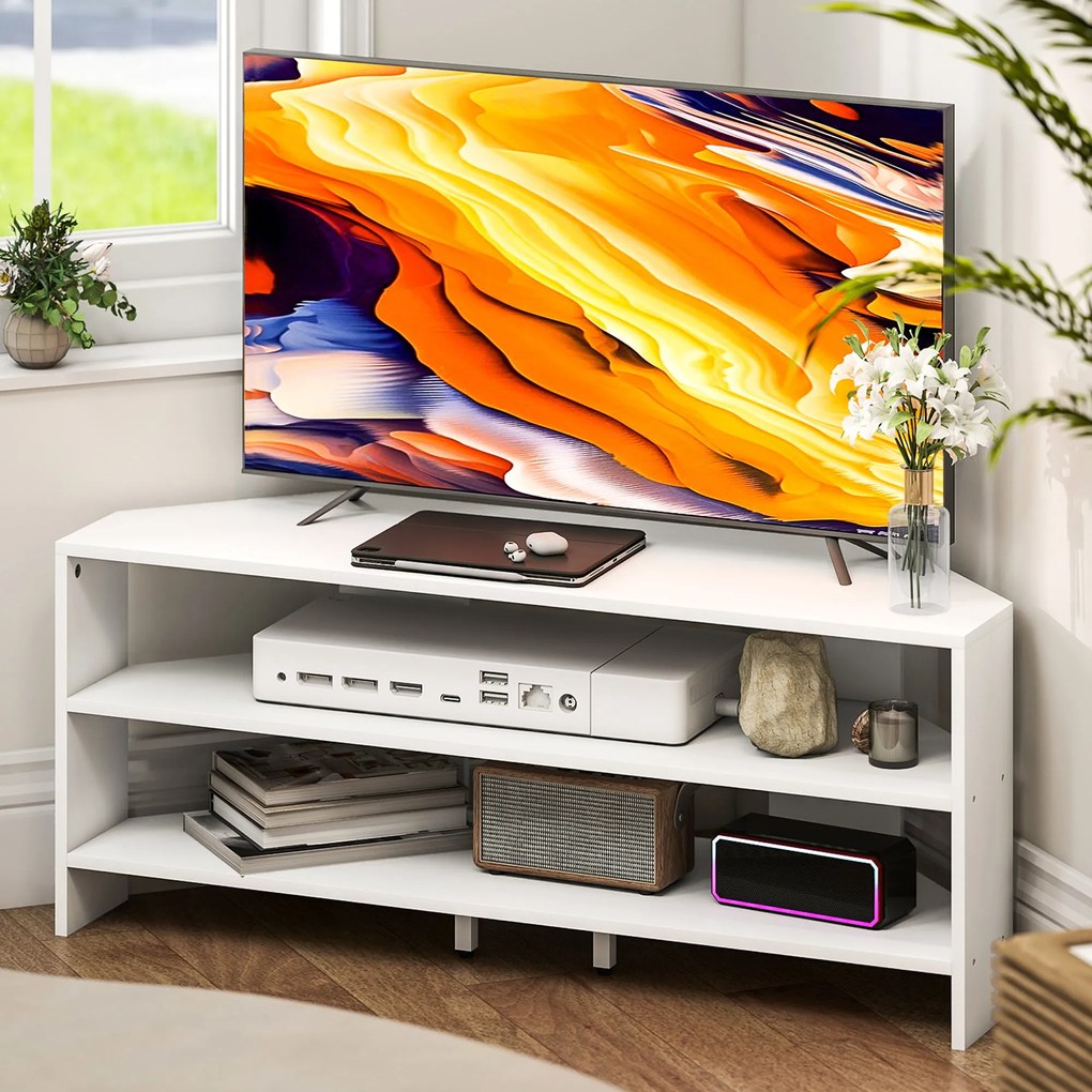 HOMCOM 47" Rohový Televizní Stojan s 2 Otevřenými Policemi, Moderní Dřevěný Stojan na Televizi do Ložnice a Obývacího Pokoje, 110x36x45 cm, Bílý | Aos