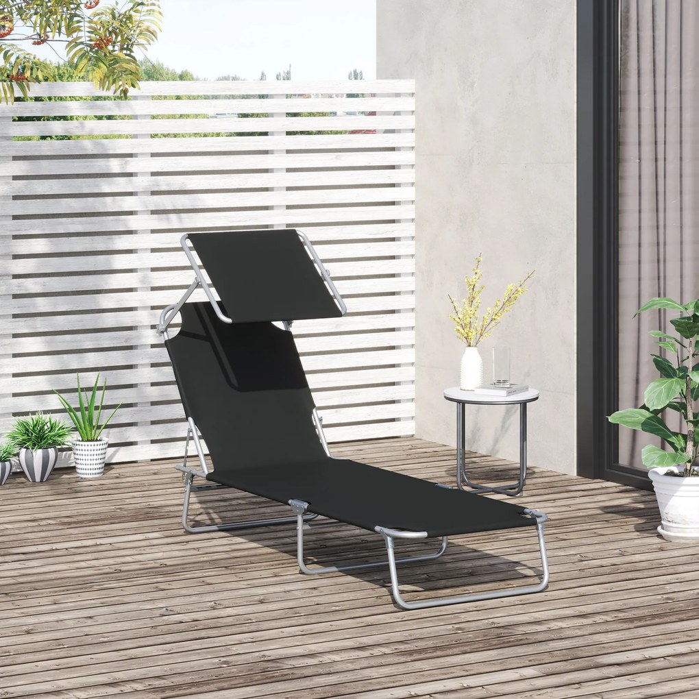 Zahradní lehátko Outsunny skládací s ochranou proti slunci 187x58x36 cm v černé barvě, ideální na terasu a balkon | Aosom.de