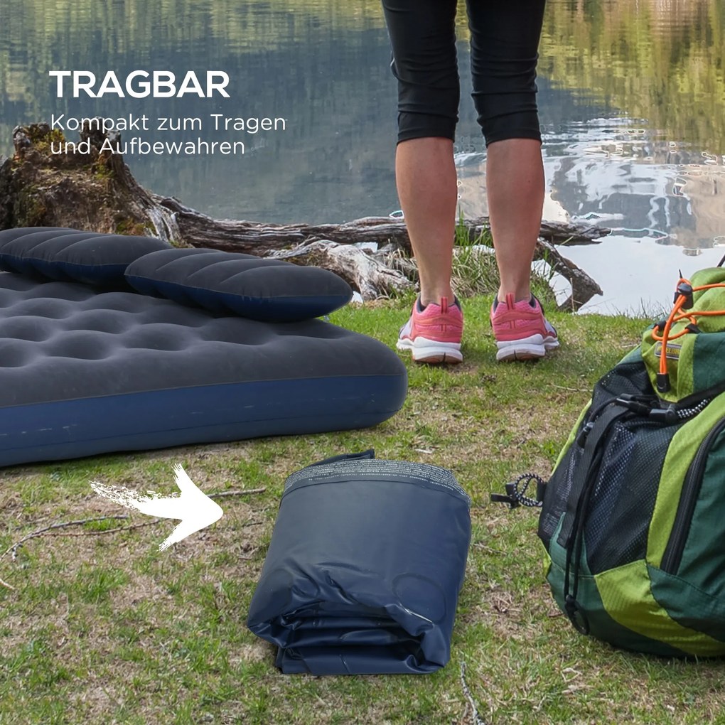 Nafukovací matrace Outsunny Double Air Mattress s ruční pumpou a polštářem, modrá 203x152x22cm pro kempování a hosty