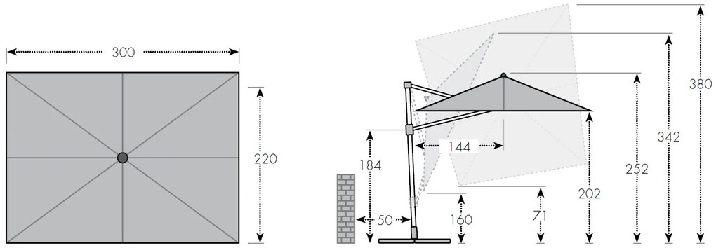 Doppler ALU WOOD 220 x 300 cm - výkyvný zahradní slunečník s boční tyčí greige