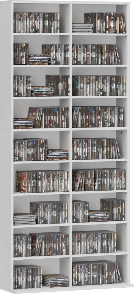 HOMCOM Stojan na CD, DVD a Blu-ray pro až 640 CD, 360 DVD nebo 430 Blu-ray s nastavitelnými policemi, 78,5 x 24 x 175 cm, bílý | Aosom