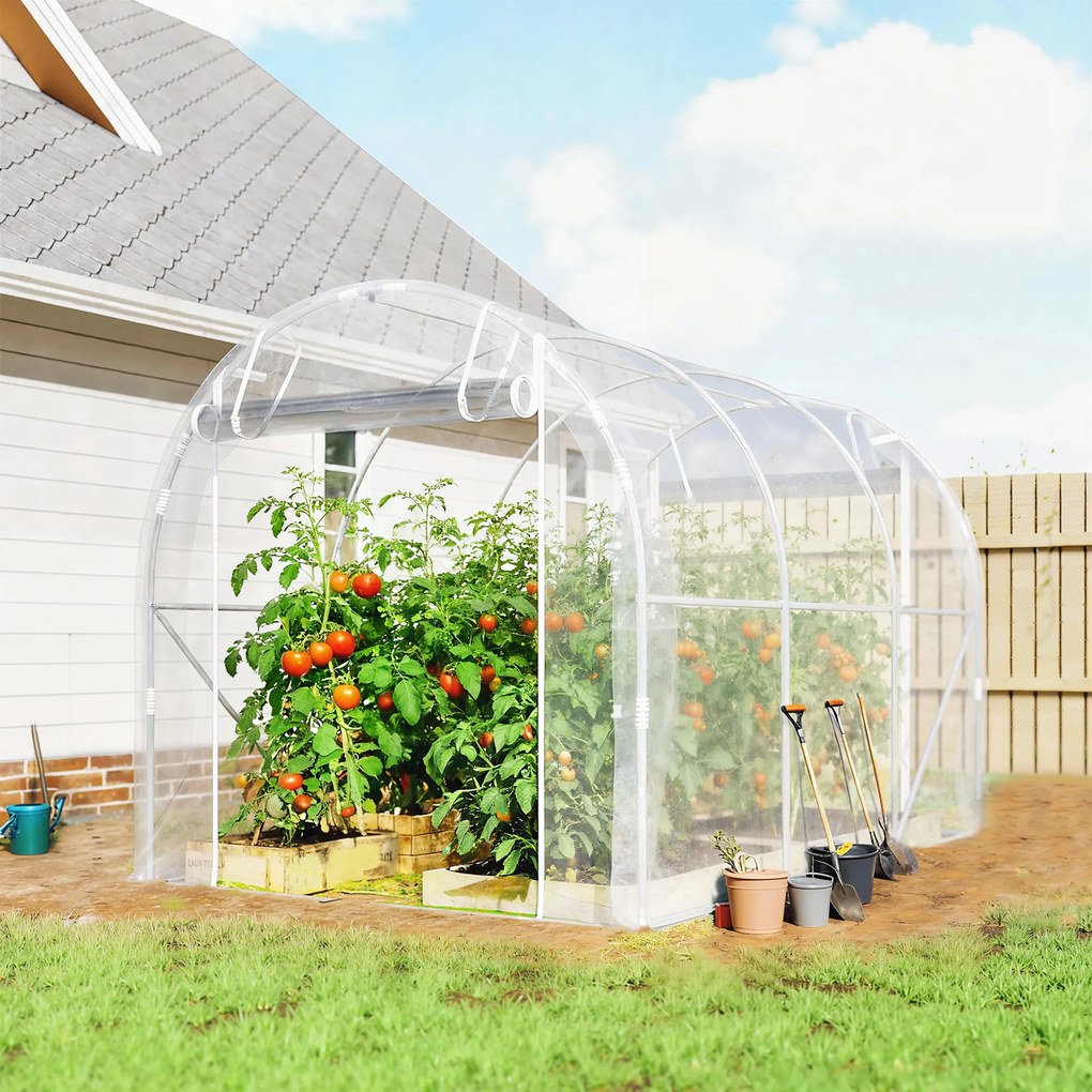 Outsunny Skleník Polytunnel, průchozí skleník s pozinkovaným ocelovým rámem a krytem z PE odolným proti UV záření, průhledný 84H-443V00CR