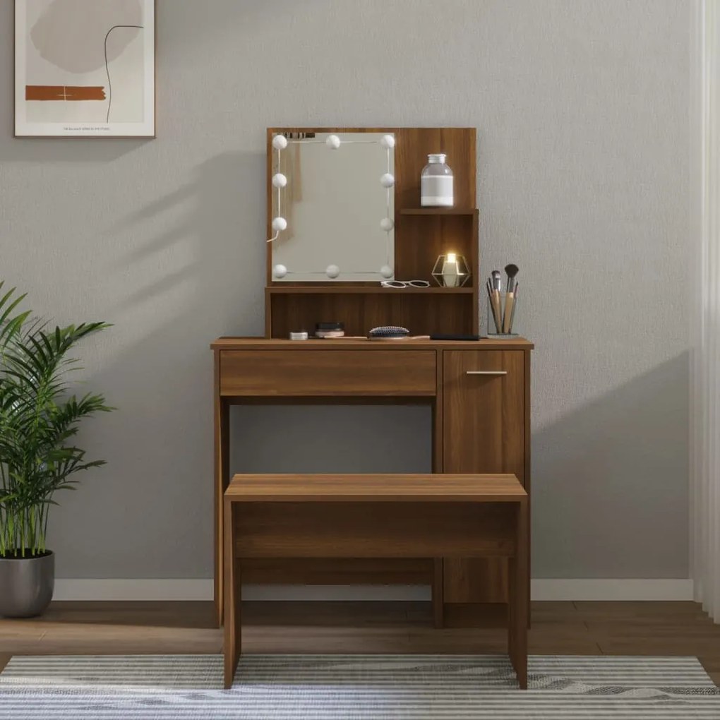 Toaletní stolek sada s LED hnědý dub kompozitní dřevo 3114122