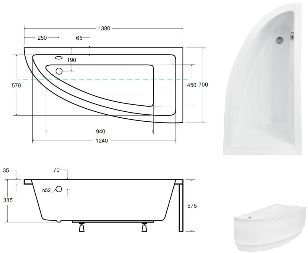 Olsen Spa FONDI 150 x 70 cm OLVFON15P+OLVPINOZ vana vč. nožiček pravá