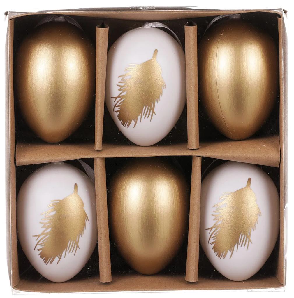 Vajíčko plastové, se zlatým pírkem, 6cm. Cena za krabičku (6ks) VEL7007
