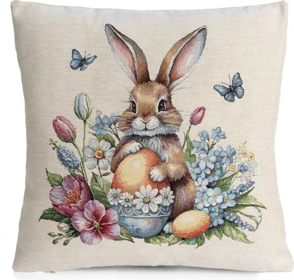 VELIKONOČNÍ GOBELÍNOVÝ DEKORAČNÍ POVLAK NA POLŠTÁŘ BUNNY 45X45 CM VZOROVANÝ