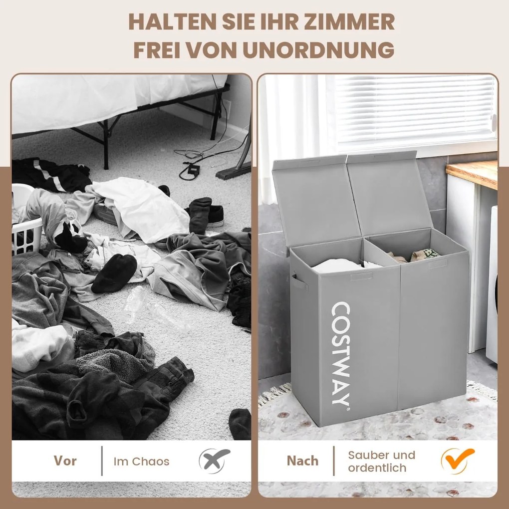 Costway 115 L 2 přihrádky koš na prádlo z netkané textilie s – 62 × 31 × 60 cm