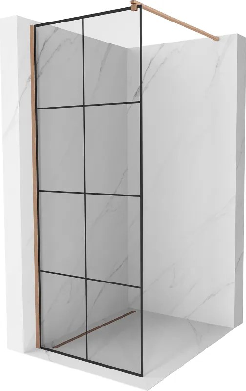 Mexen Kioto, sprchová zástěna Walk-In 90 x 200 cm, 8mm čiré sklo černý vzor, měděný matný profil, 800-090-101-65-77