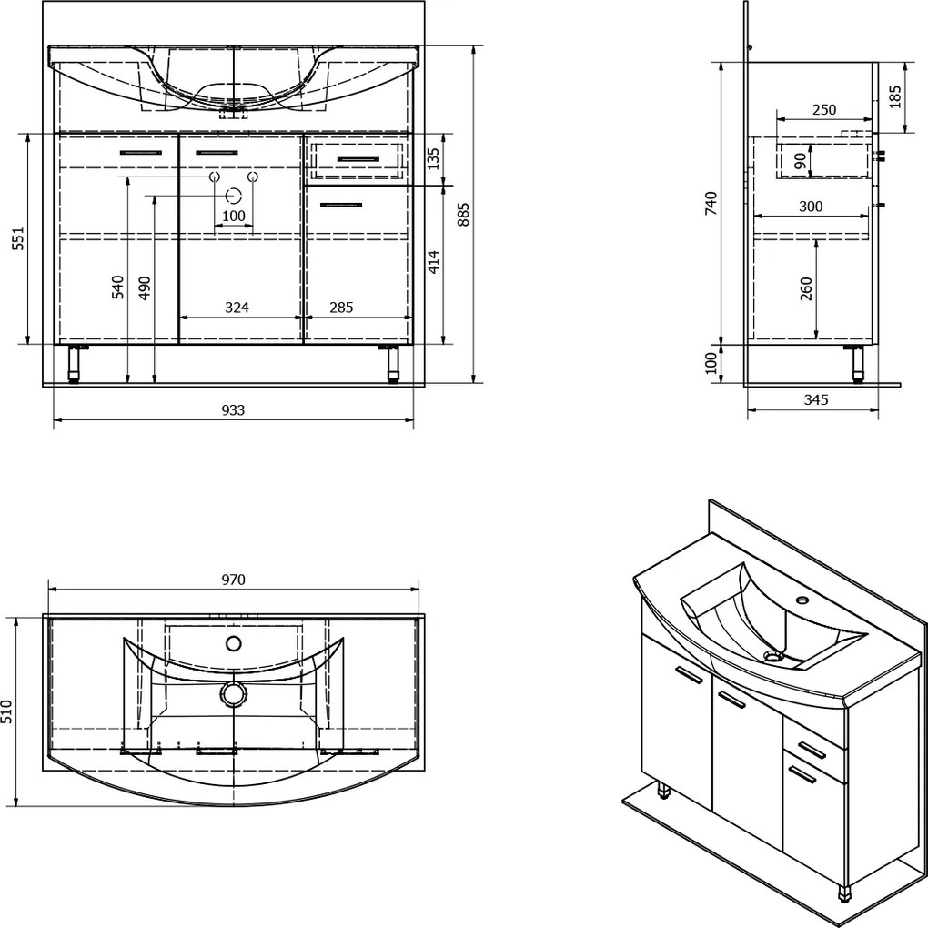 Aqualine Aqualine, ZOJA umyvadlová skříňka 93x74x34cm, bílá, 51094A