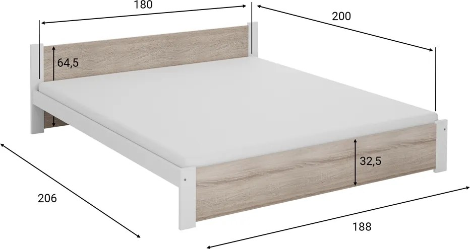 Postel IKAROS 180 x 200 cm, bílá/dub sonoma Matrace: Matrace Coco Maxi 20 cm, Rošt: S lamelovým roštem