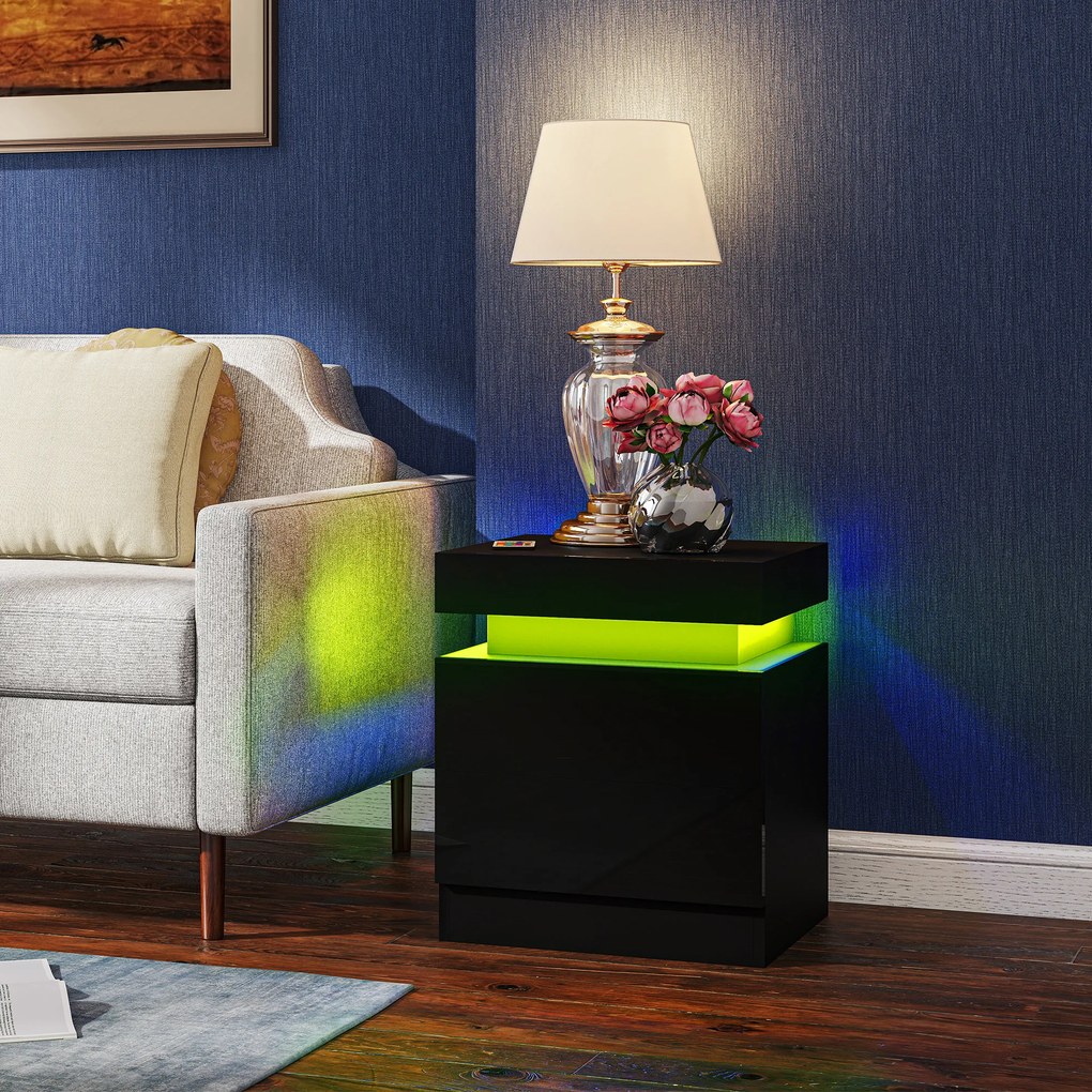 HOMCOM sada 2 LED nočních stolků s 16 barvami a 4 režimy se 2 šuplíky, z dřeva, 45x35x52 cm, černá