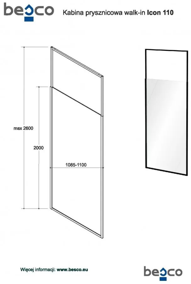 BESCO Walk-in sprchový kout ICON BARVA rámu - Černá, Rozměr A - 110 cm, Rozměr C - 200 cm, Směr zavírání - Univerzální Levé / Pravé, Výplň - Čiré bezpečnostní sklo - 8 mm BCICON11BC