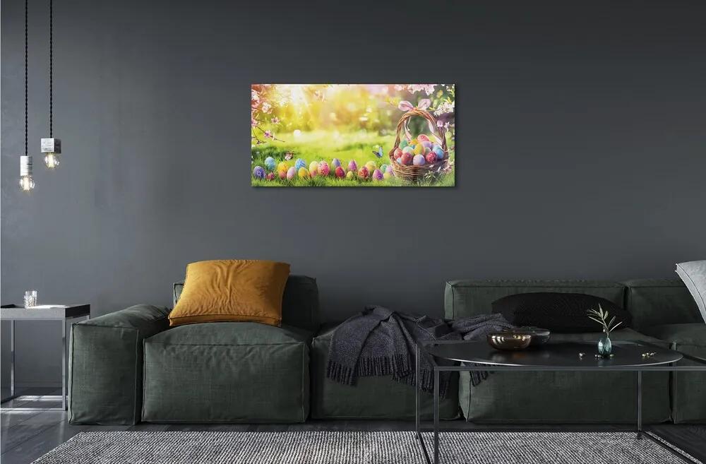 Obraz na skle Basket vejce květina louka 120x60 cm